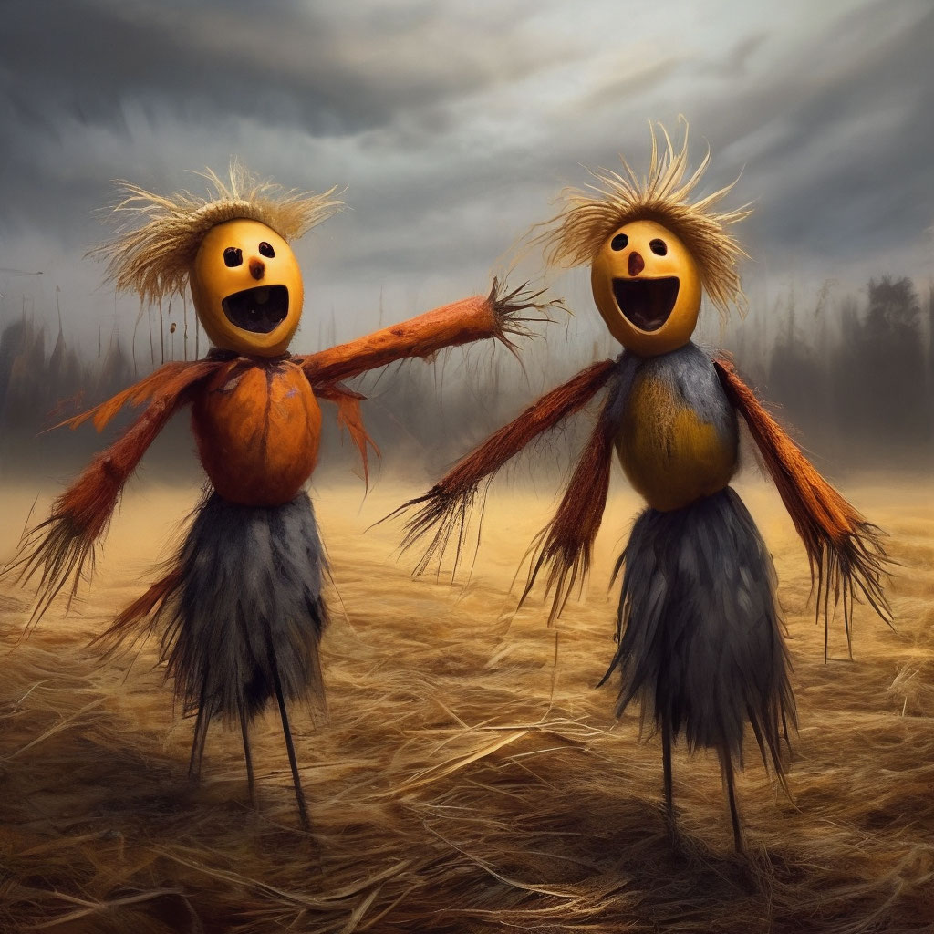 "Scary Scarecrows are looking at each other, scared of each other and ...