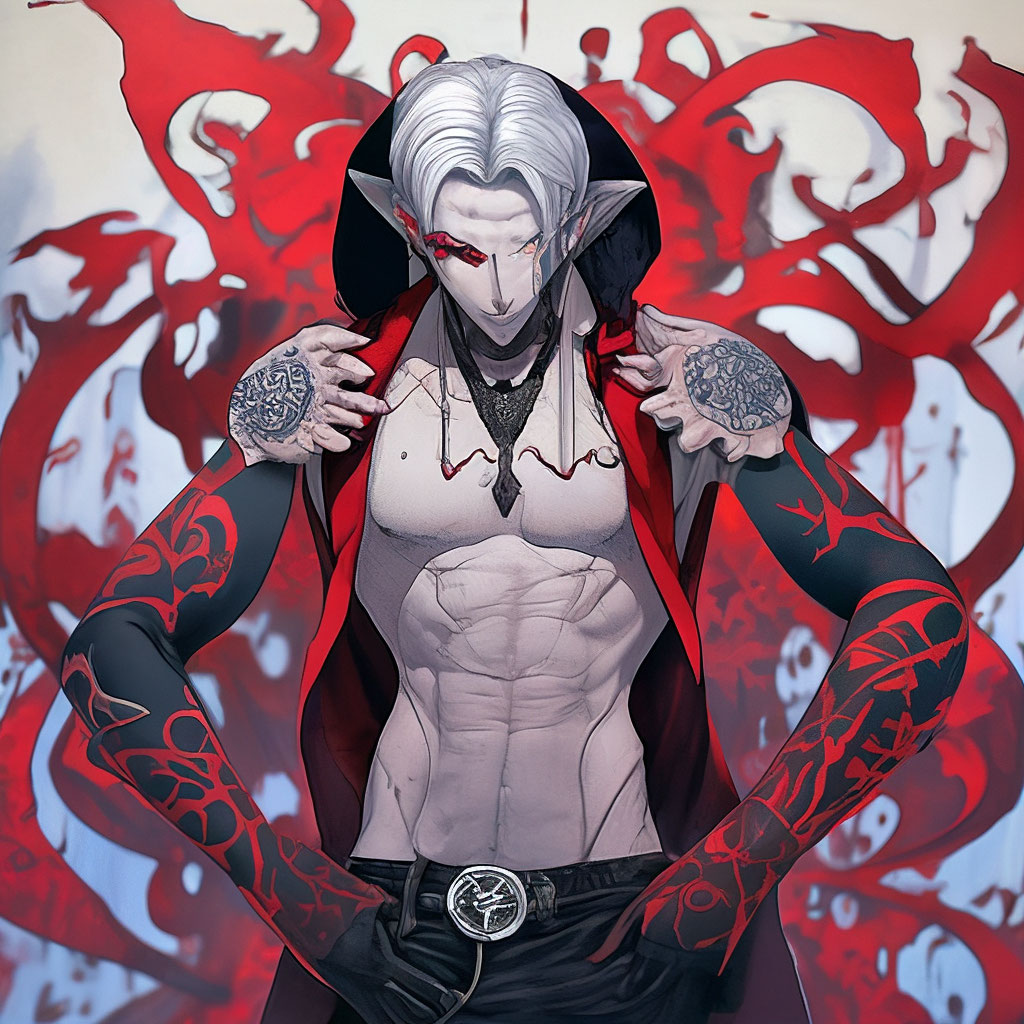 "Guy incubus, tattoo on the whole body, red smoke, huge pillow, drawing ...