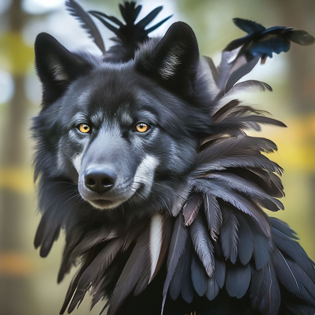 "A hybrid of a black wolf +crows, an expressive wolf muzzle, a lush ...