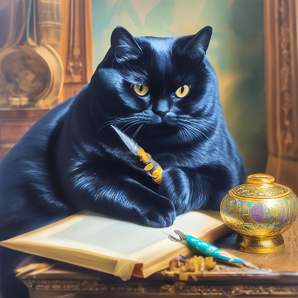 "A fat black cat. Sitting at the table and writing with a peacock pen ...