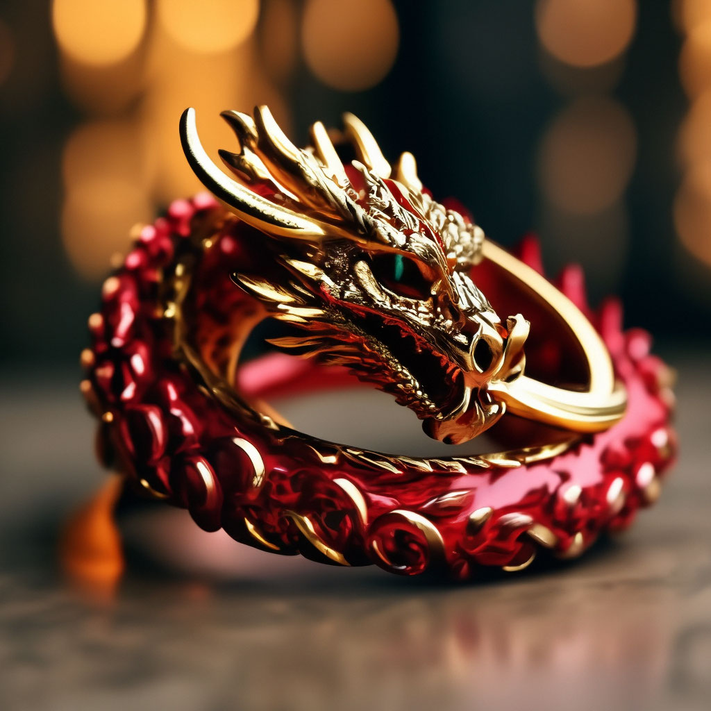 "Red and gold dragon double ring is beautiful, close-up, professional ...