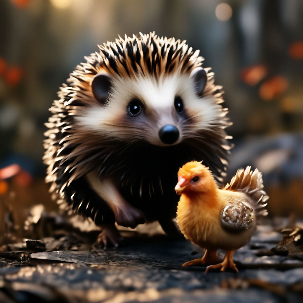 "Hedgehog with chicken" — image created in Shedevrum