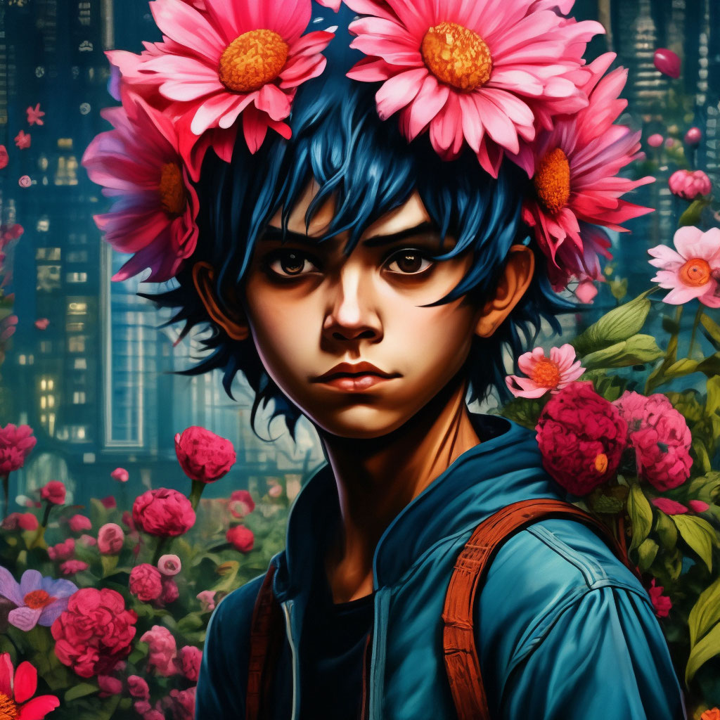 "Flowers gorillaz style art detailed drawing watercolor, ink, dot ...