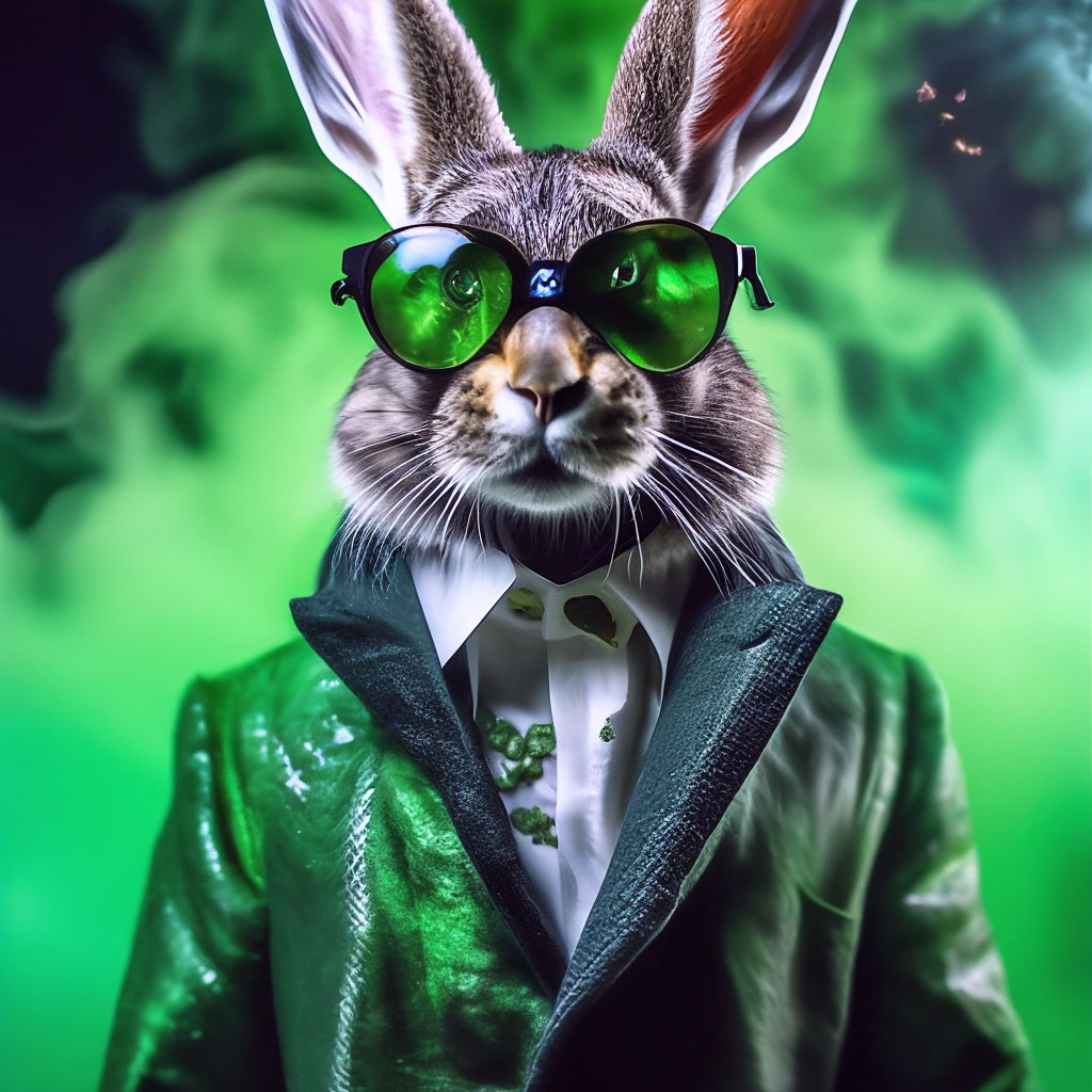 "Surrealism, fantasy, magic, black hare, in a jacket with glasses on a ...
