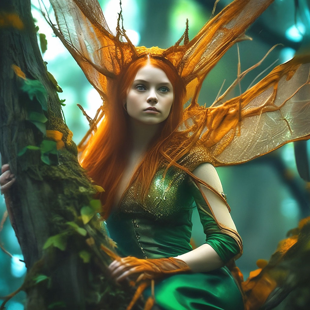 "Forest nymph, magical iridescent ocher-colored hair, emerald eyes ...