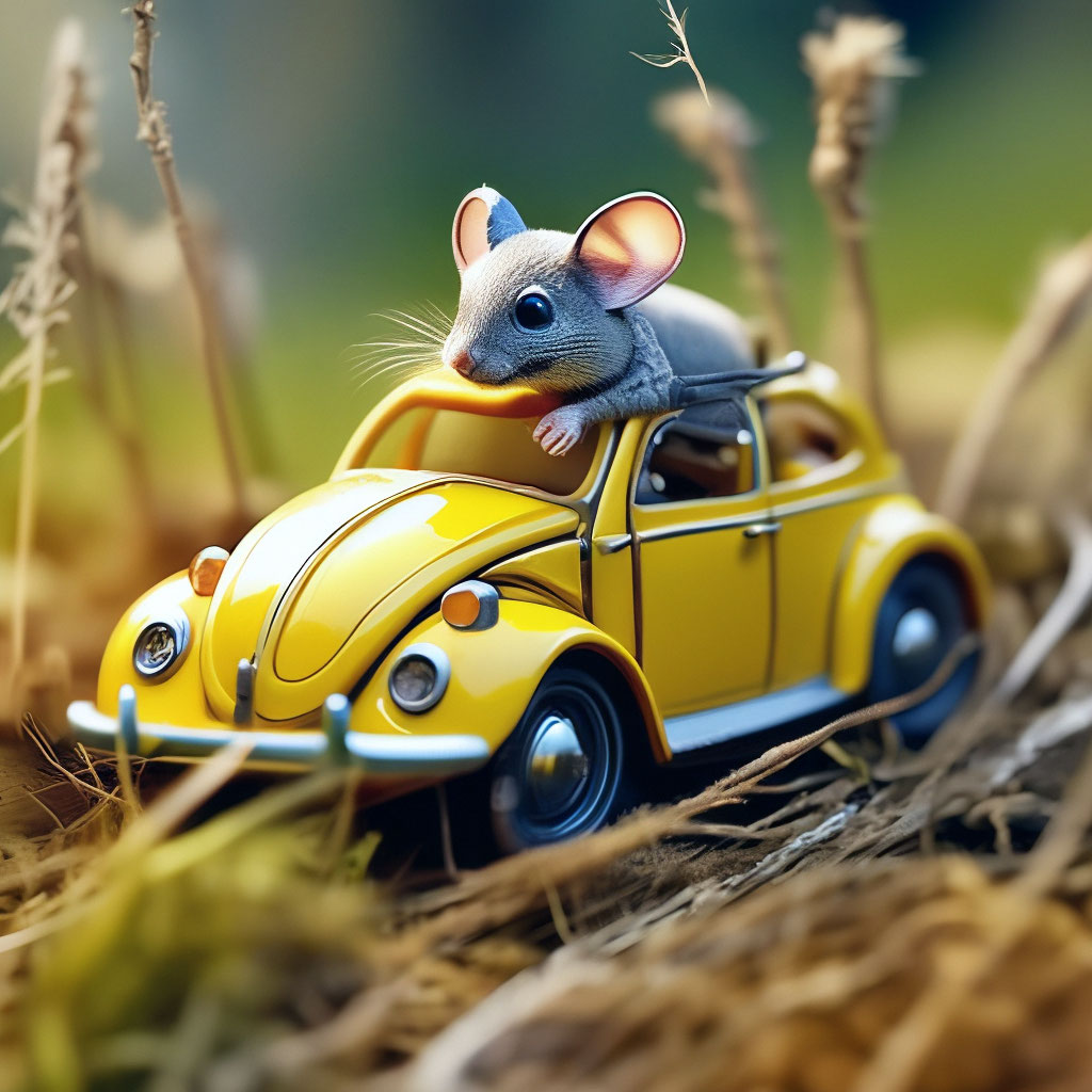 "A small plump little mouse, riding in a yellow toy car of the brand ...