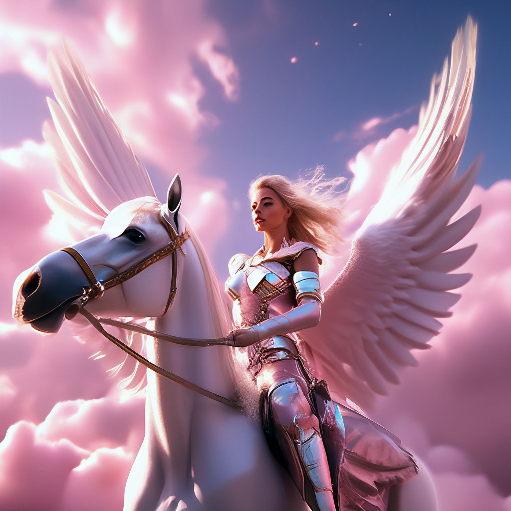 "Pegasus and angels in armor, pink clouds.Hyperrealism, beautiful ...