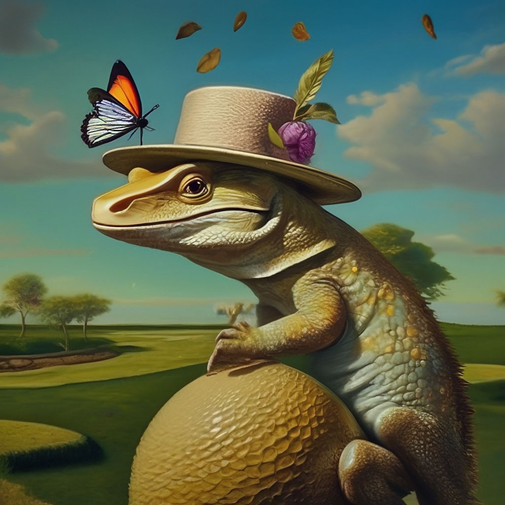 "A monitor lizard in a hat, a butterfly sitting on his shoulder,playing ...