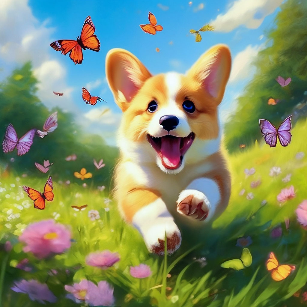 "A corgi puppy is having fun chasing butterflies in a meadow" — image ...