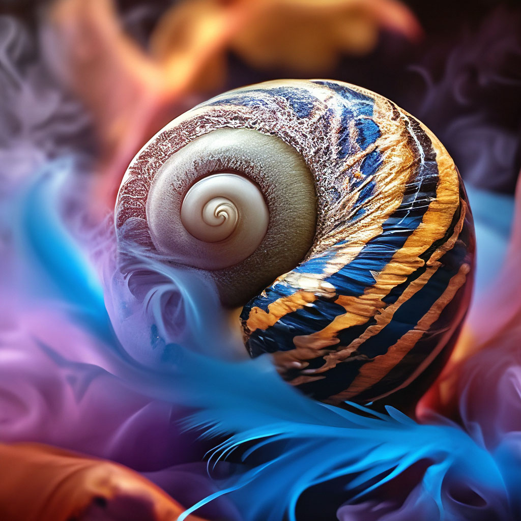 "🐌 snail swirl of hummingbird feathers, smoke, in the center of the end ...
