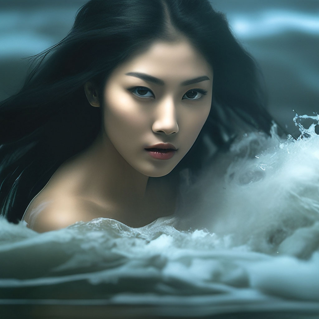 "A beautiful oriental girl stops a huge sea wave with her hands ...