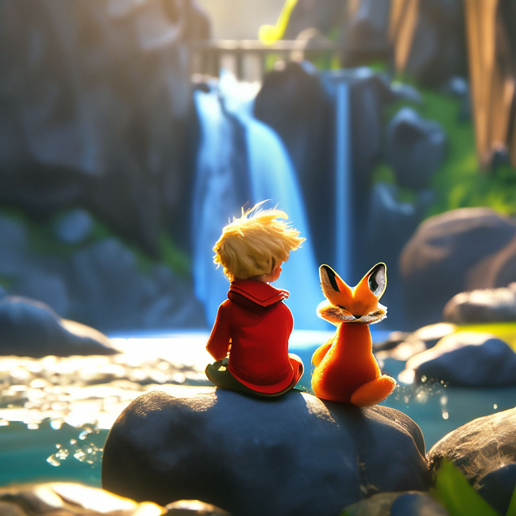 "The Little Prince is in front of the waterfall with little red fox ...