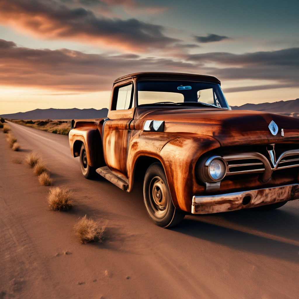 "Highway in the desert, horizon, old rusty ford f100 standing on the ...