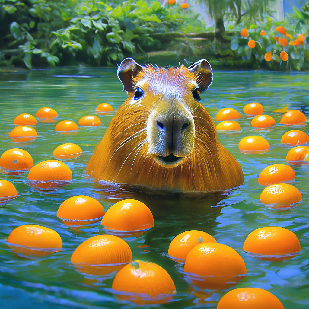 "Capybara in the pool with oranges" — image created in Shedevrum