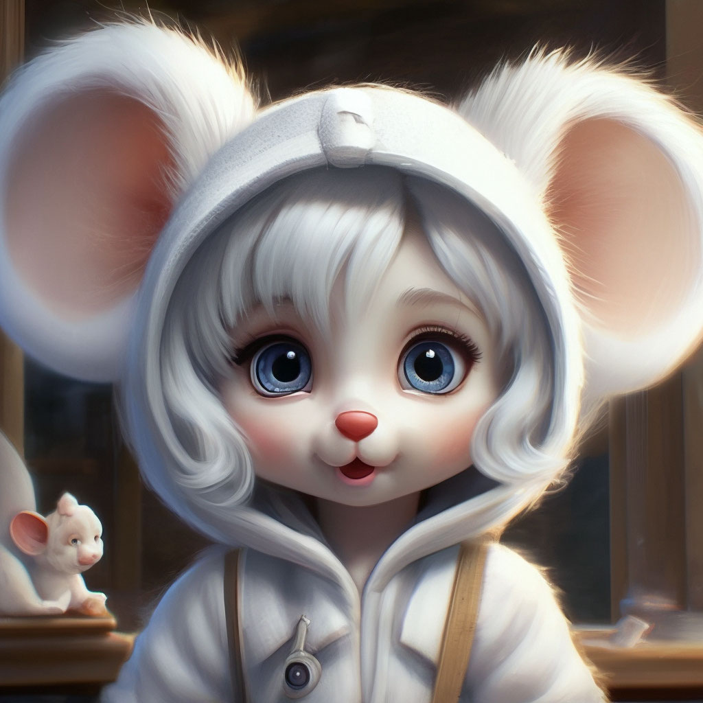 "Cute white mouse girl with huge ears,very fluffy, huge eyes ...