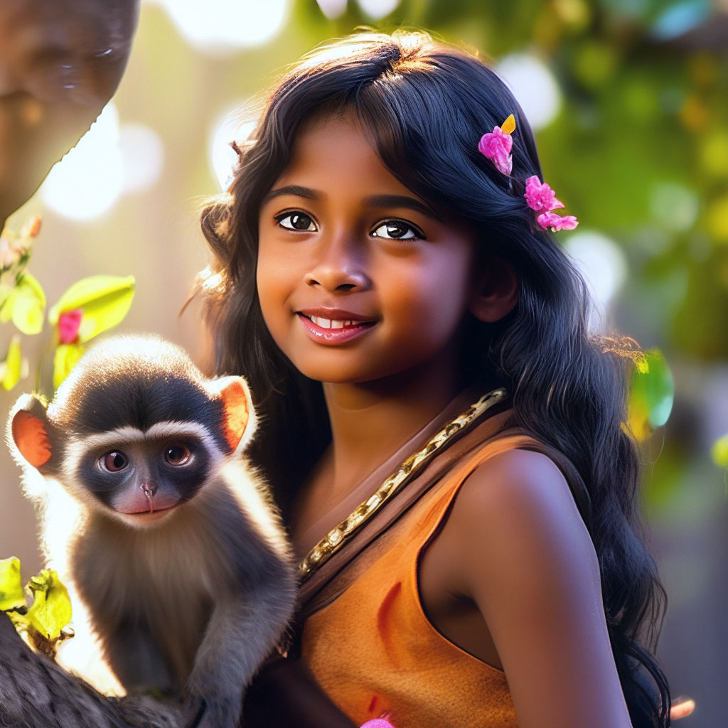 "Mowgli girl with her friend Mowgli climb a tree and monkeys throw ...