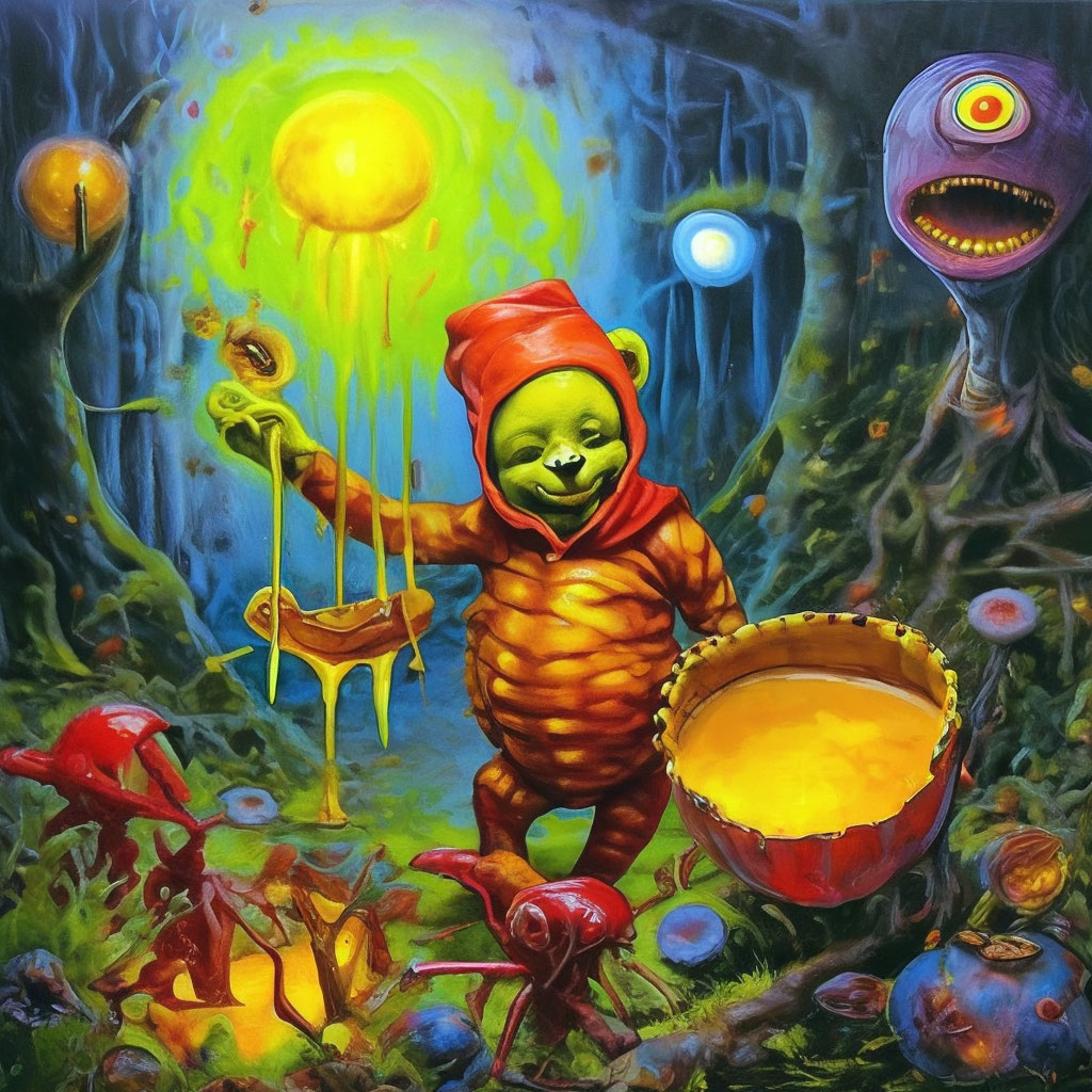 "Painting,realism,Mad zombie Vinnie The Pooh-man holds honey in a dark ...