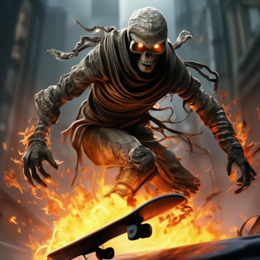 "Flubody mummy on a skateboard,flame and smoke from behind concept art ...