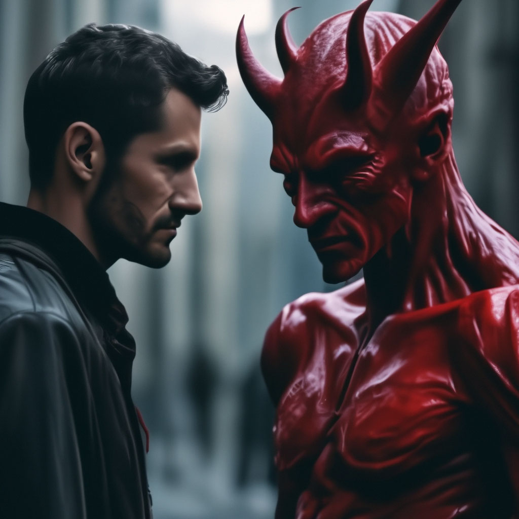 "A man stands in front of a red demon, both look at each other, high ...
