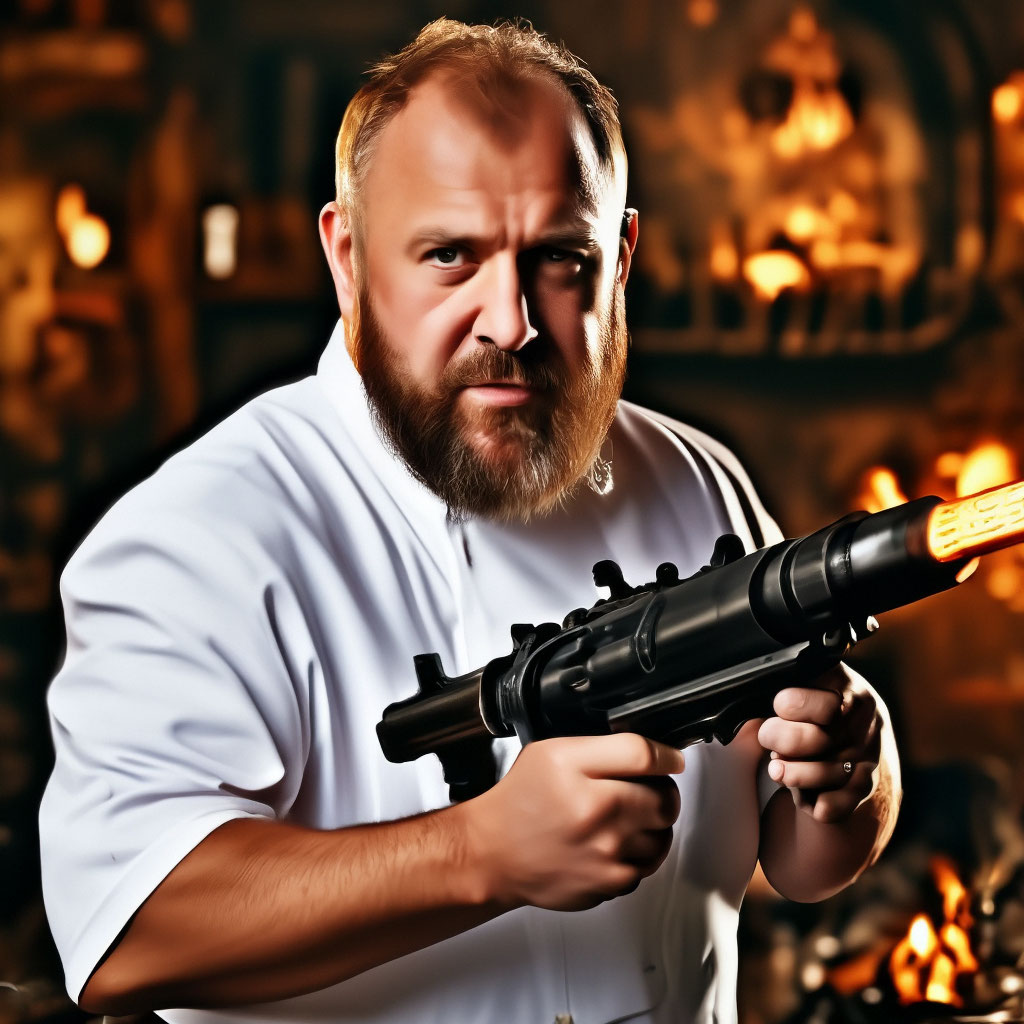 "Chef Ivlev with a rocket launcher in his hands" — image created in ...
