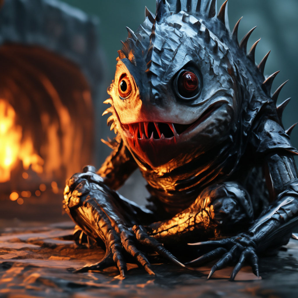 "Anthropomorphic piranha sitting by the fire, symbiosis, gloomy, horror ...