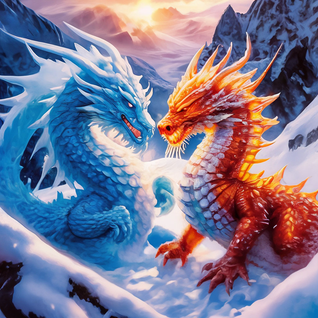 "A small ice dragon frolics with a fire dragon in a snowdrift on the ...