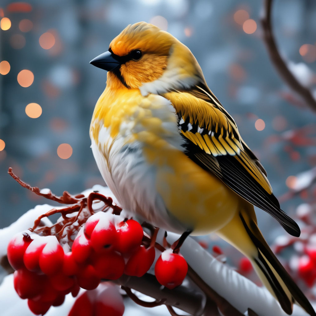 "Hybrid golden opal bird sits on a bunch of mountain ash in the snow ...
