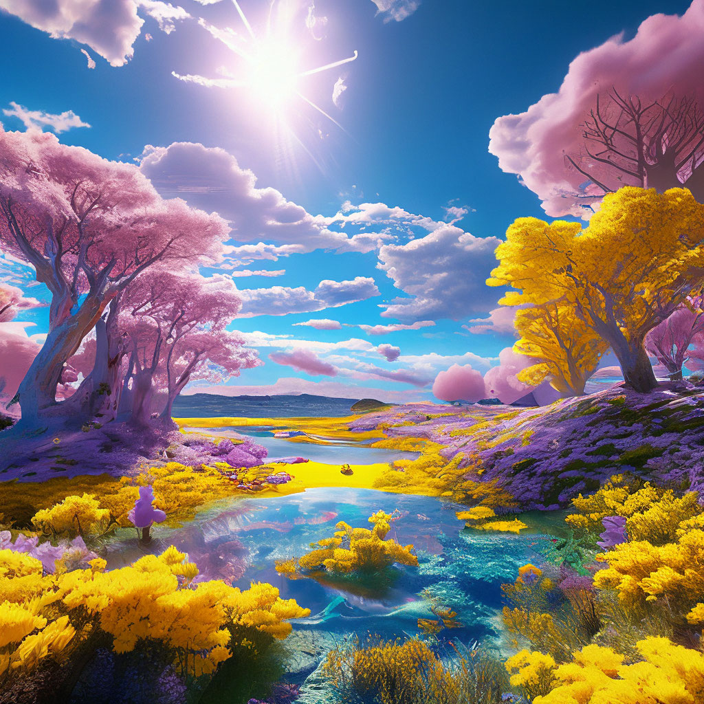 "Alien landscape, intricate yellow trees, bright lake, unusual ...