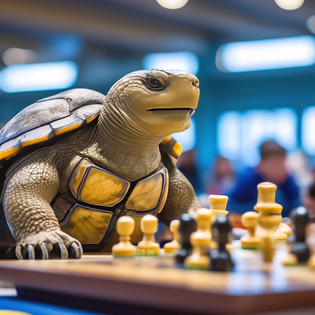 "Anthropomorphic turtle, at the chess championship, in the school gym ...