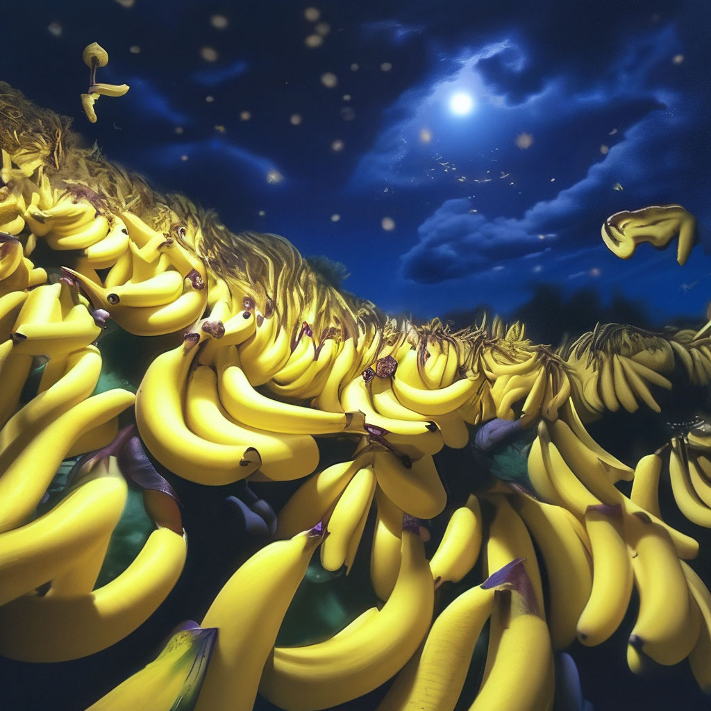 "Banana dreams 😄🍌 giant real bananas fly in the night sky, a lot ...