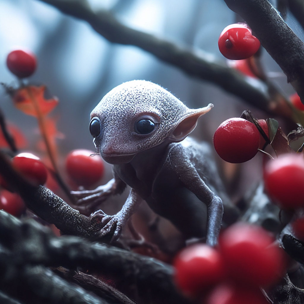 "A tiny alien bald kind creature sneaks through the thicket. Branches ...
