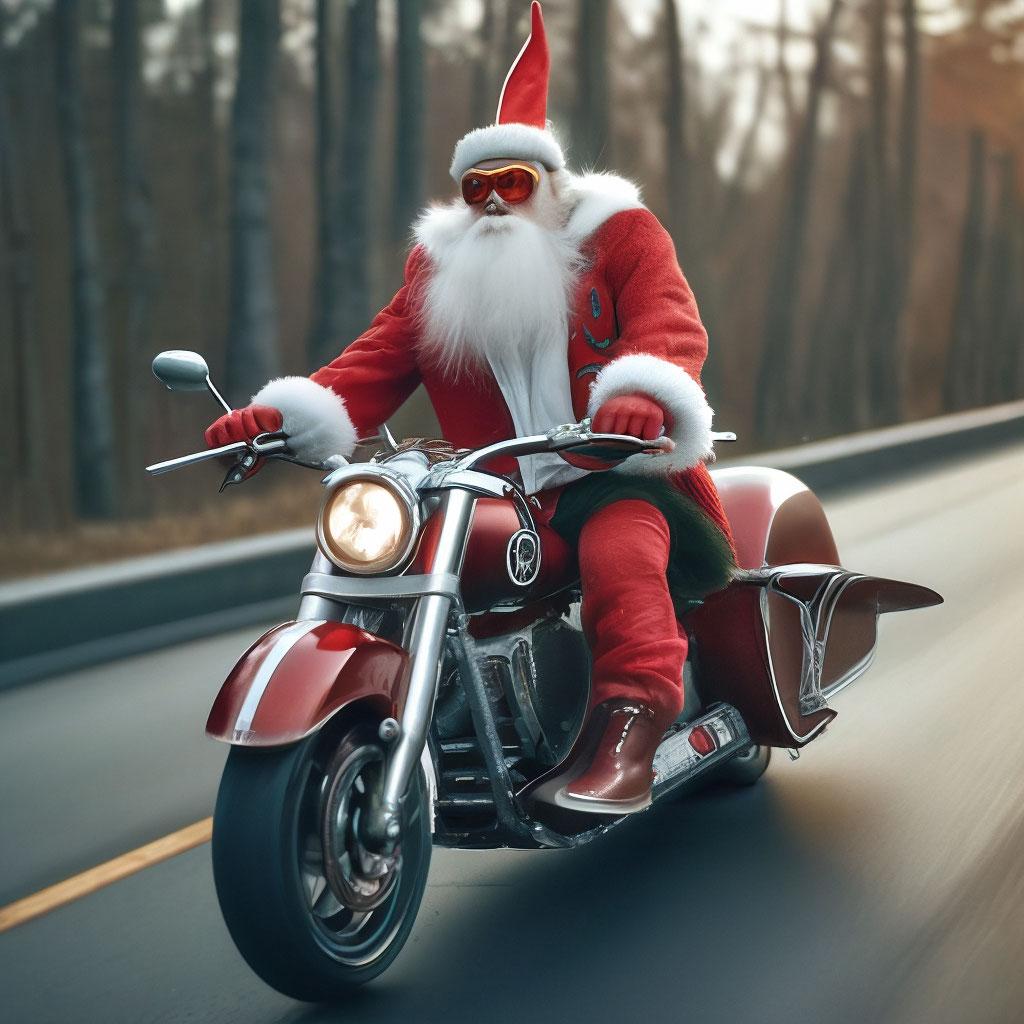 "Santa Claus rocker in leather and spikes in a horned helmet on wheels ...