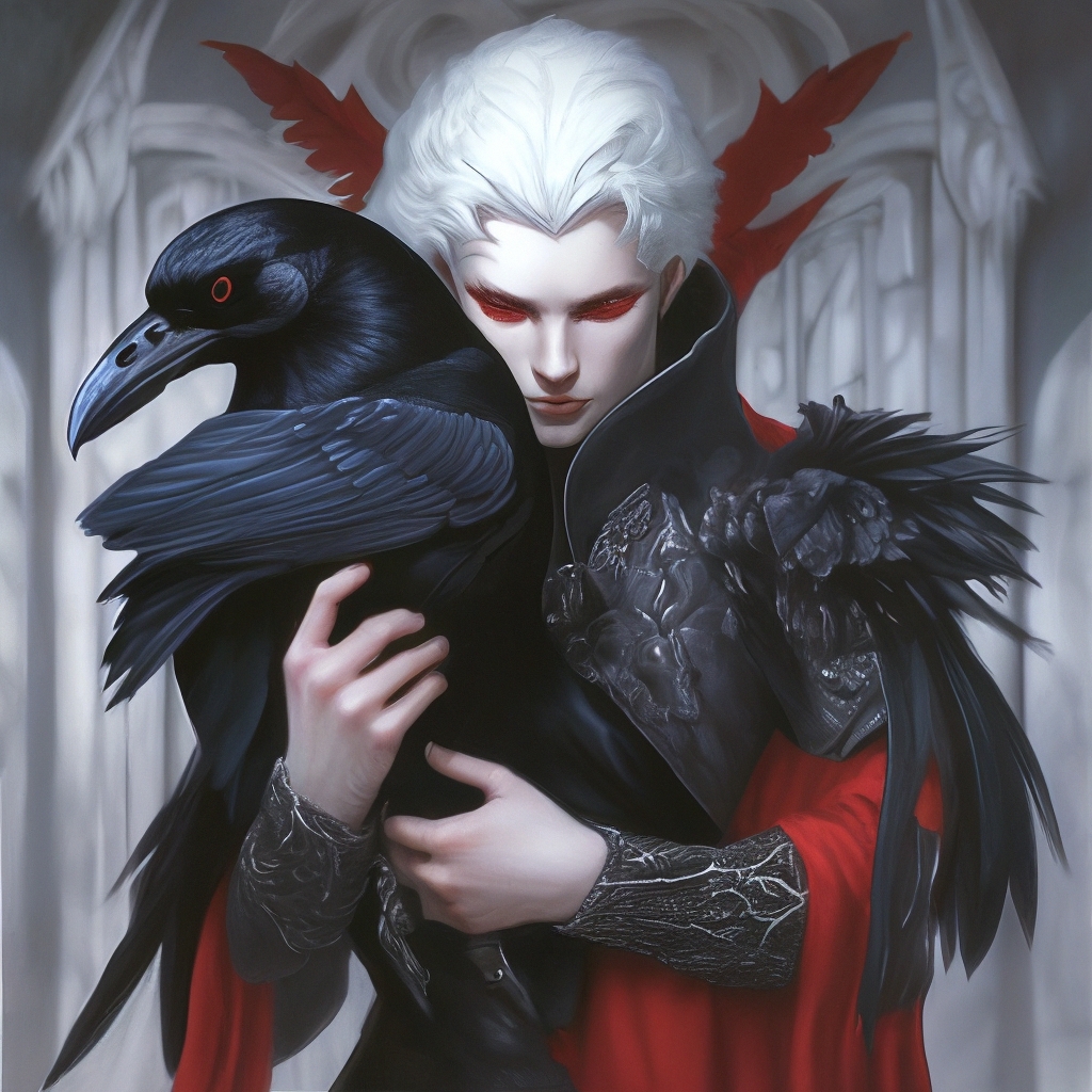 "A black human-like raven with feathers and claws holds a white raven ...