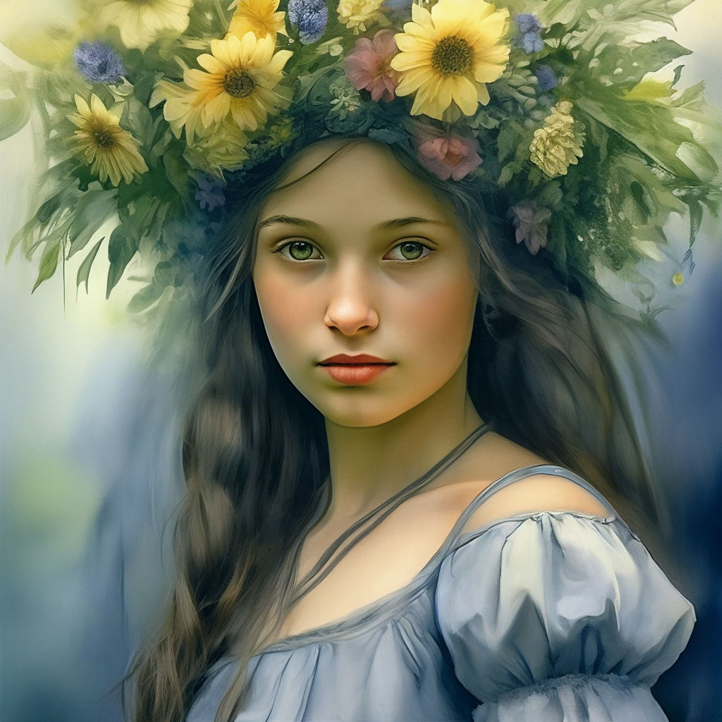 "A girl from Slavic fantasy, in a sundress with a wreath of flowers on ...