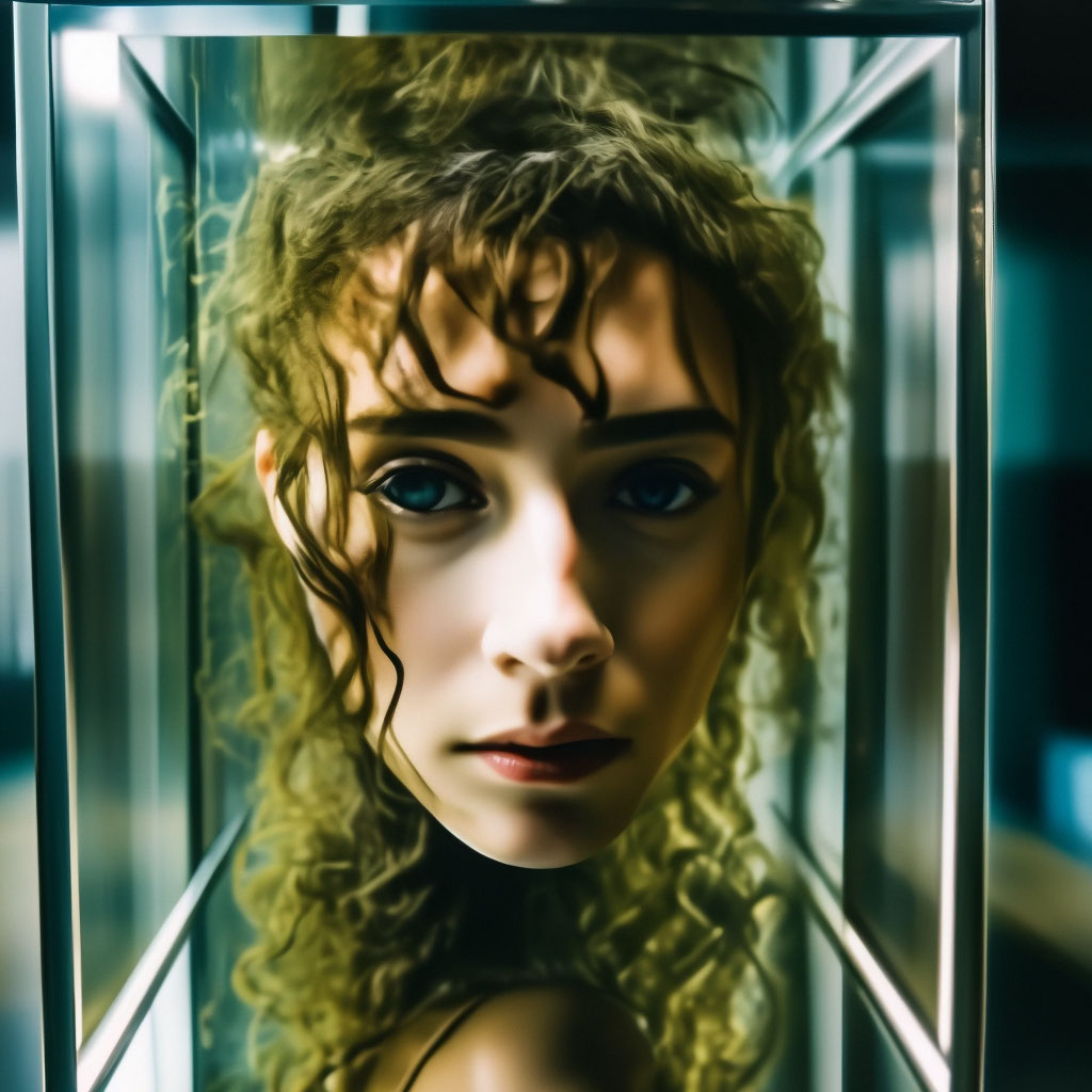 "Eldu's head is hanging inside a transparent cube" — image created in ...