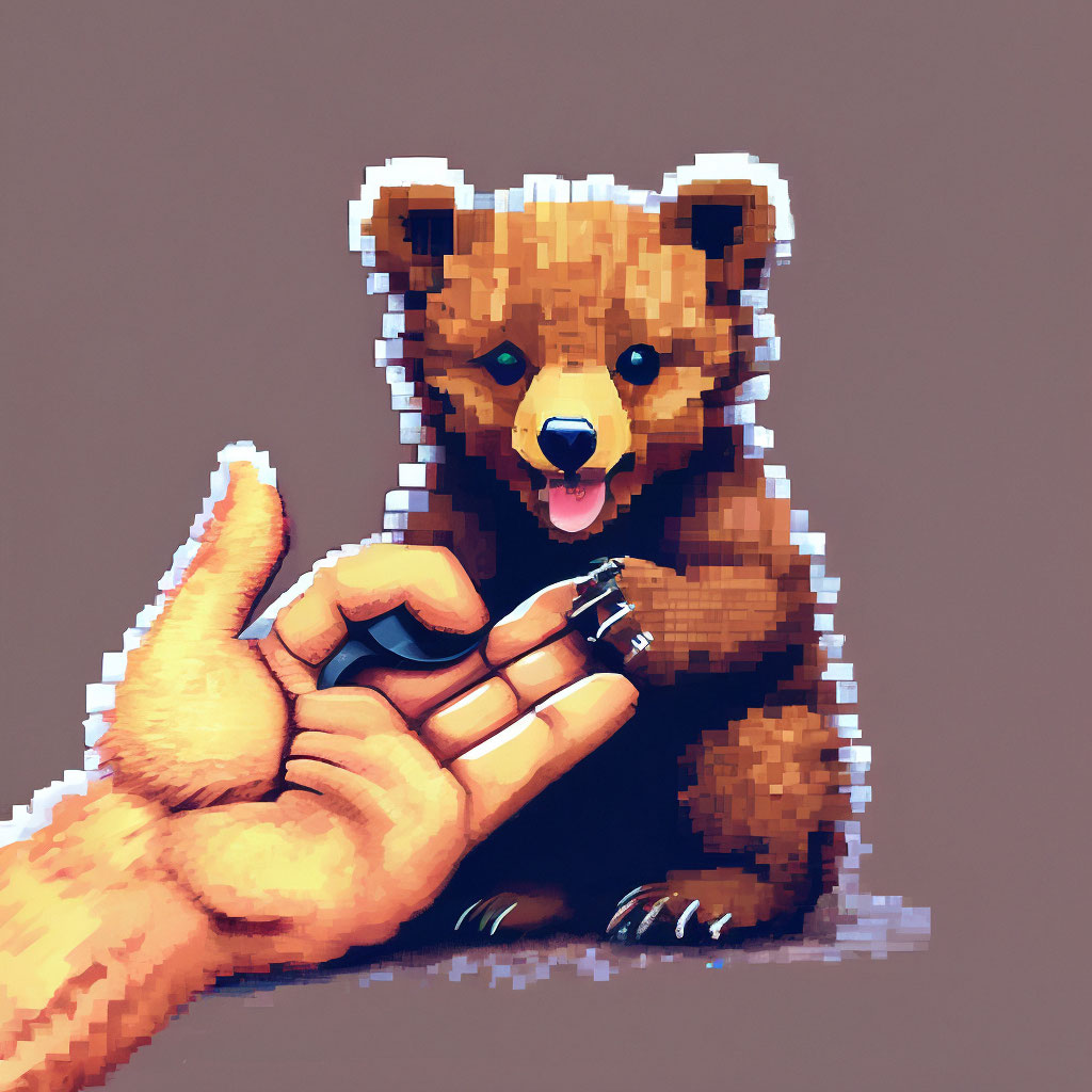 "A small and cute bear cub bites off a man's hand" — image created in ...