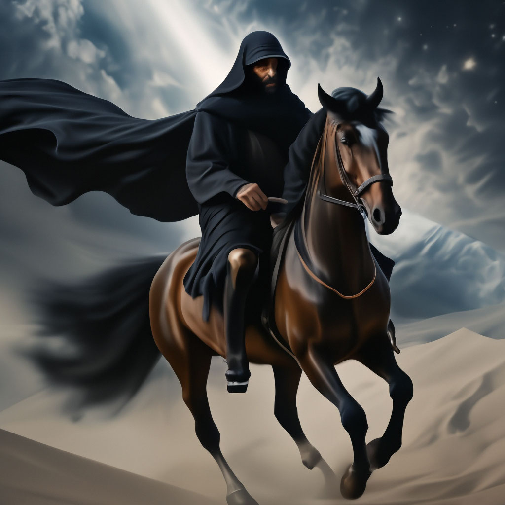 "Caucasian man in a burka on a horse in space" — image created in Shedevrum