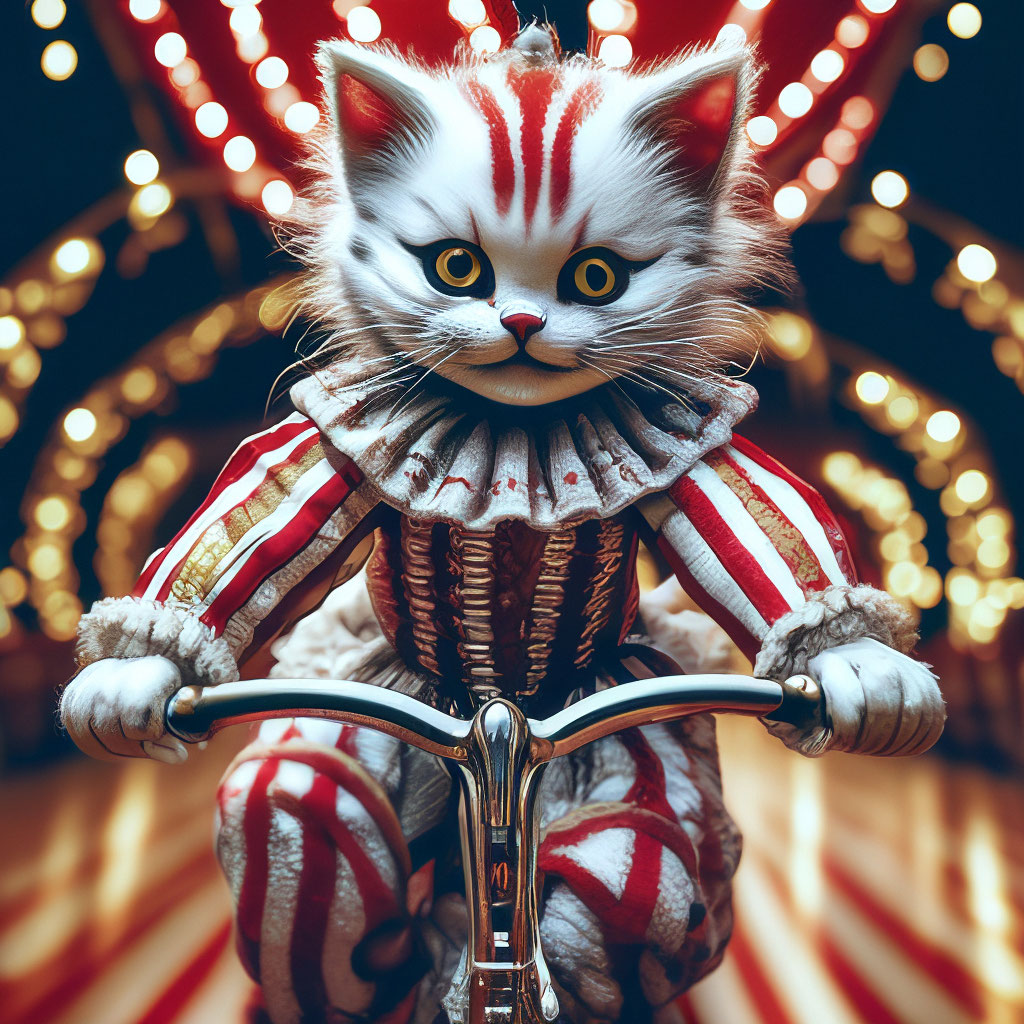 "Intricate detailed Cheshire kitten pennywise on a two-wheeled bike in ...