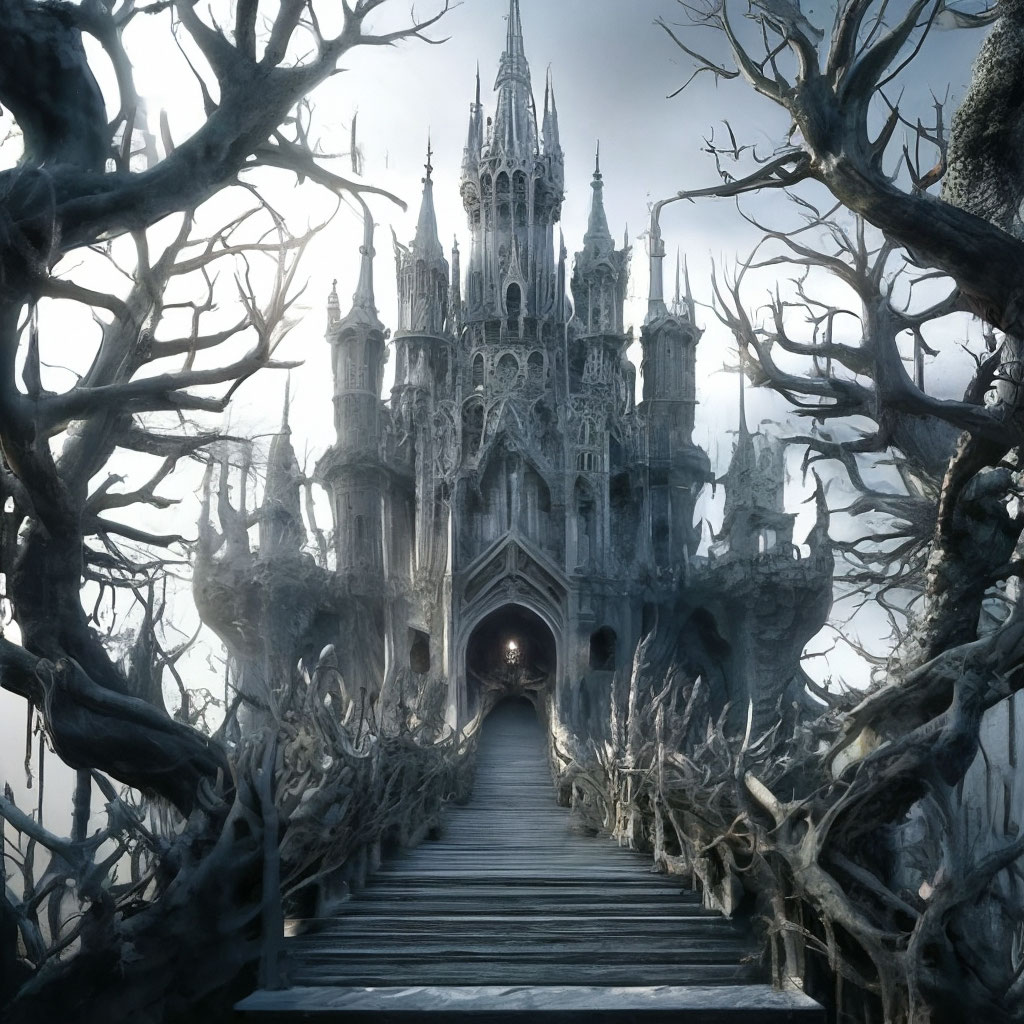 "Surrealism, grotesque, gigantic castle of branches and thorns, inner ...