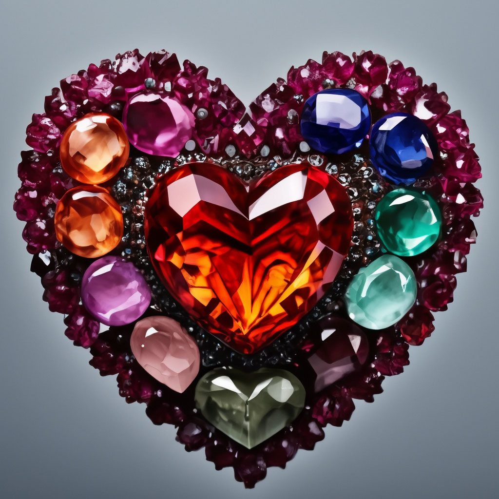 "Unique hearts made of different precious stones are in the shape of a ...