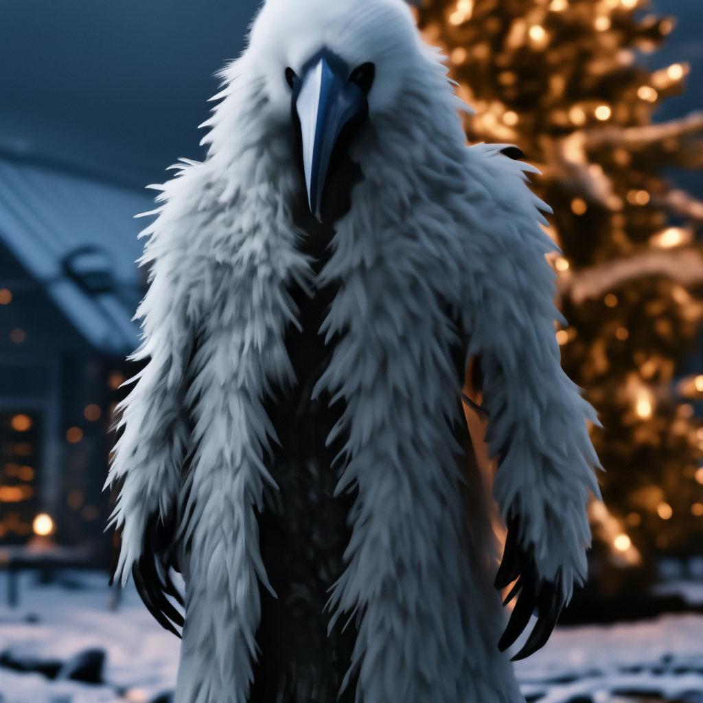 "A giant white human-like mutant bird covered with a huge amount of fur ...