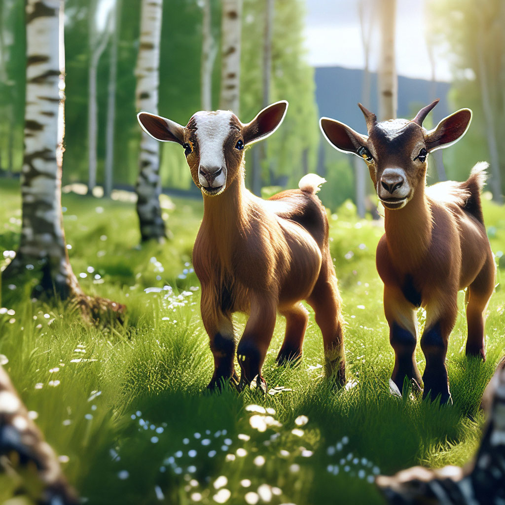 "Small brown goats graze on a green meadow near a birch grove, 32k ...