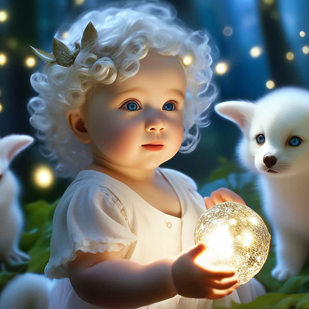 "Photorealism, color photo, unusually beautiful baby, with white curly ...