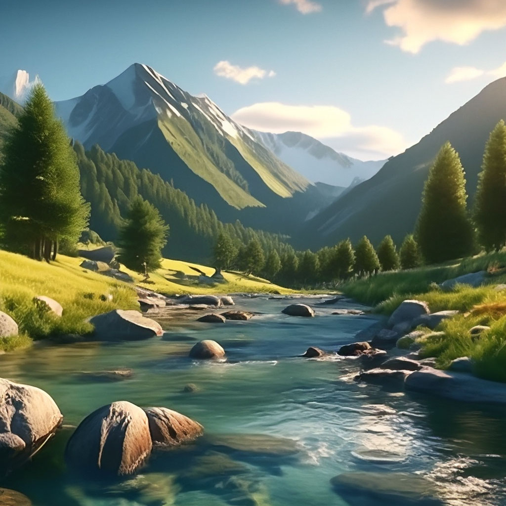 "Peaceful landscape, mountains, river, cinematic, detailed, realistic ...