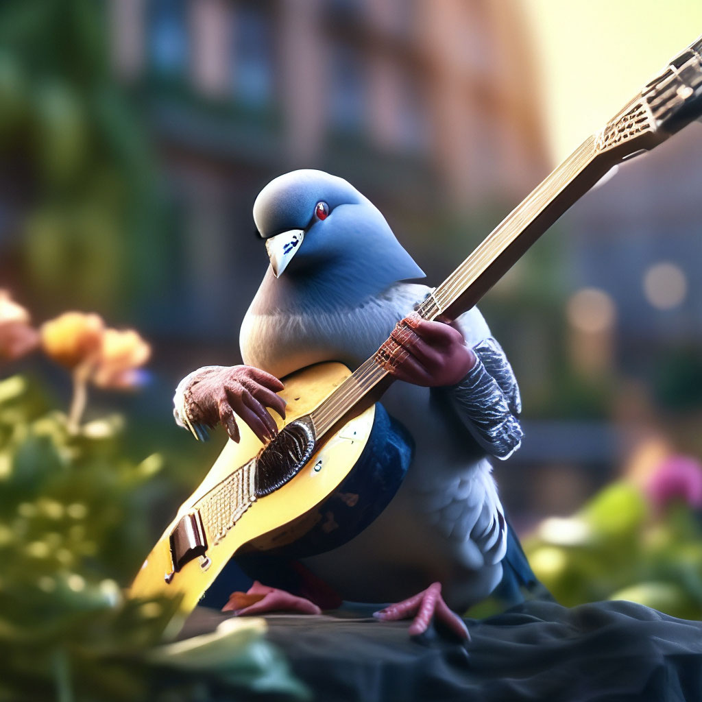 "Anthropomorphic pigeon plays guitar, botanical, horror, movement ...