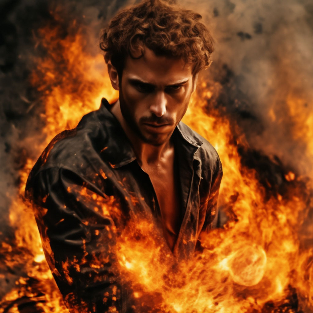 "Man+fire" — image created in Shedevrum