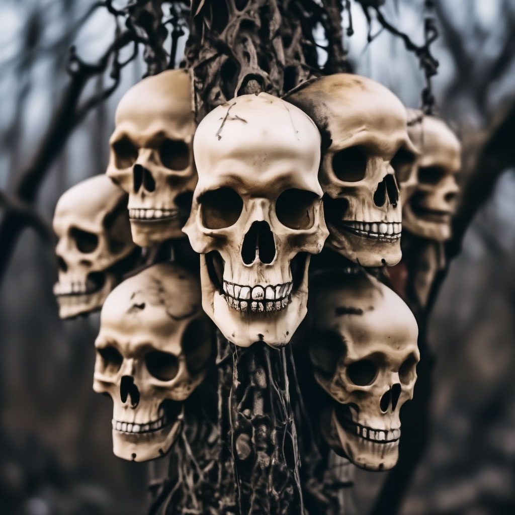 "A lot of skulls are hanging on a tree" — image created in Shedevrum