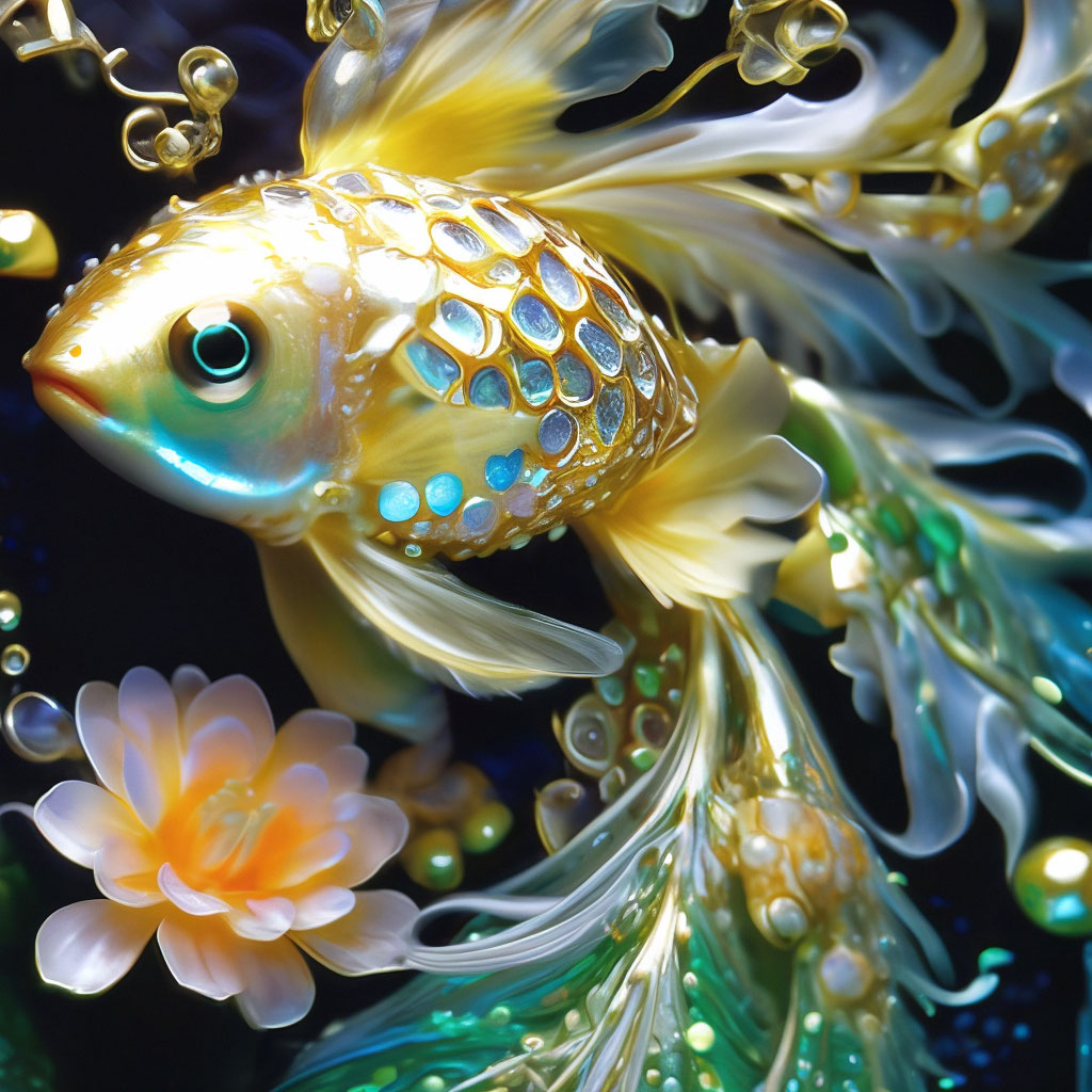 "Water, water, water all around. goldfish. fish eye green mother-of ...
