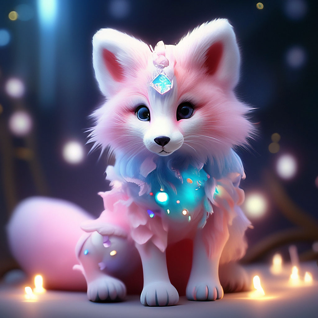 "Mystical, cute, animal fox head, panther body,three fluffy tails ...