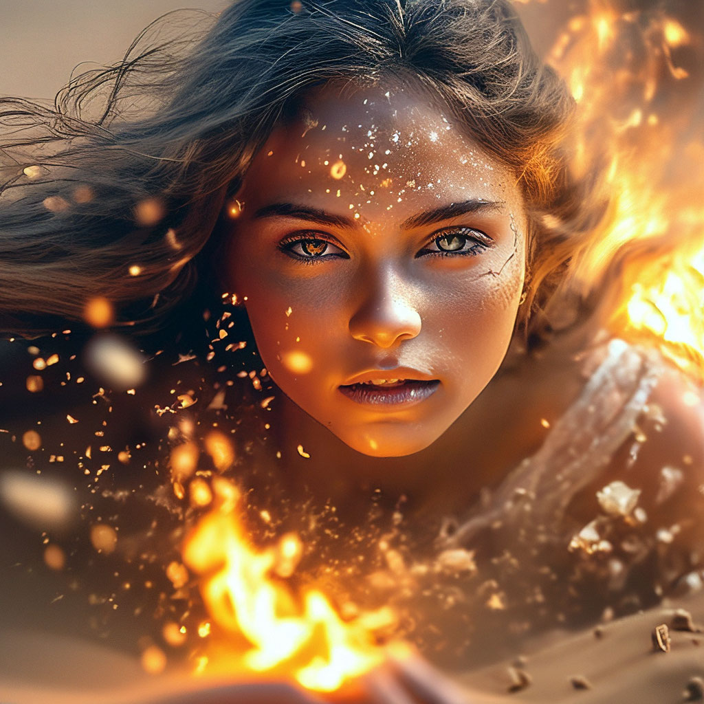 "The fire is raging, in the center a beautiful girl with intelligent ...